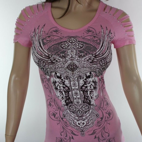 Bling | Tops | Bling Soft Pink Cross Angel Wing Razor Cut Top | Poshmark